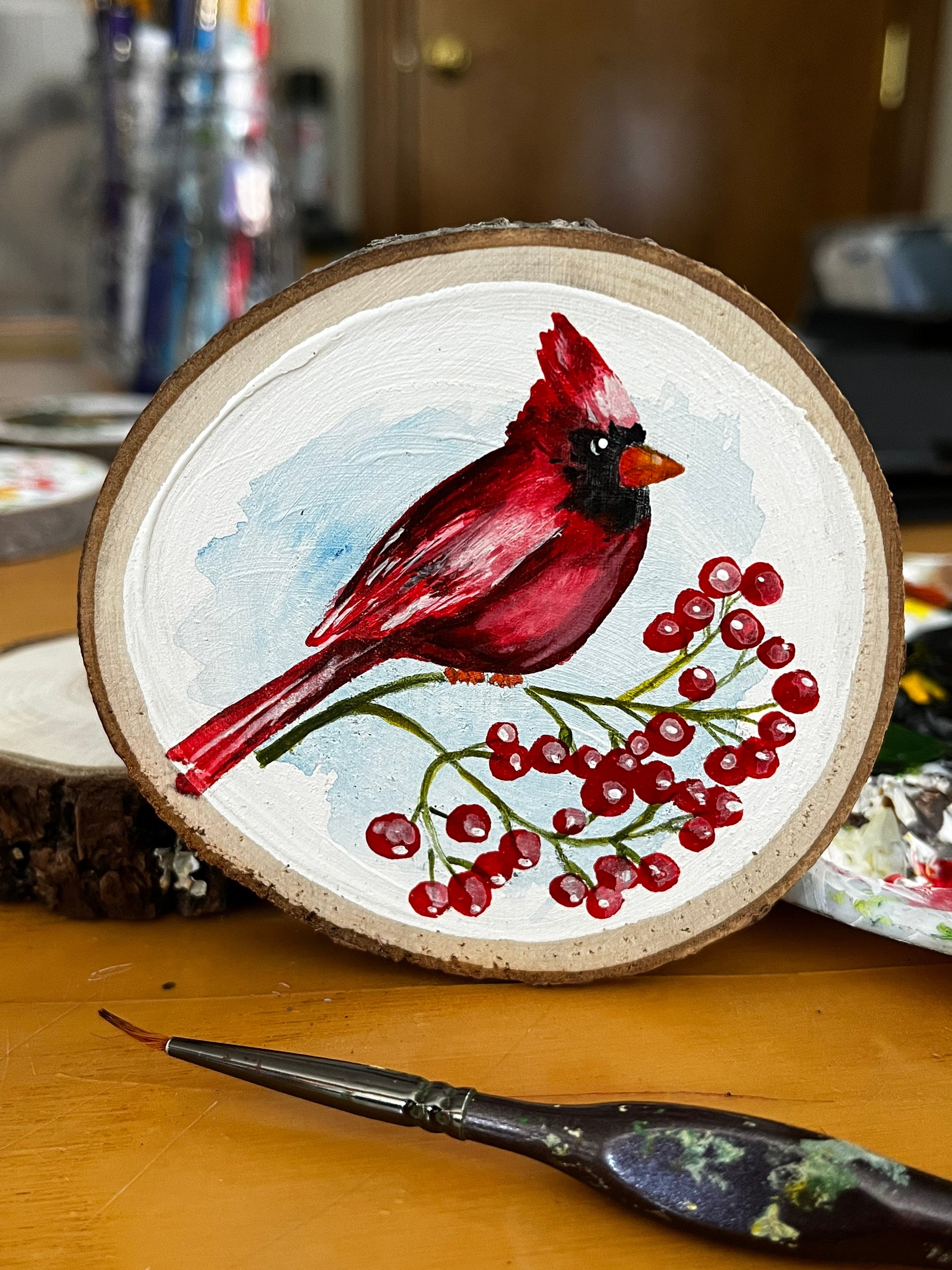 CARDINAL, Hand Painted Live Edge Wood Slice Ornament, CHOICE of ...