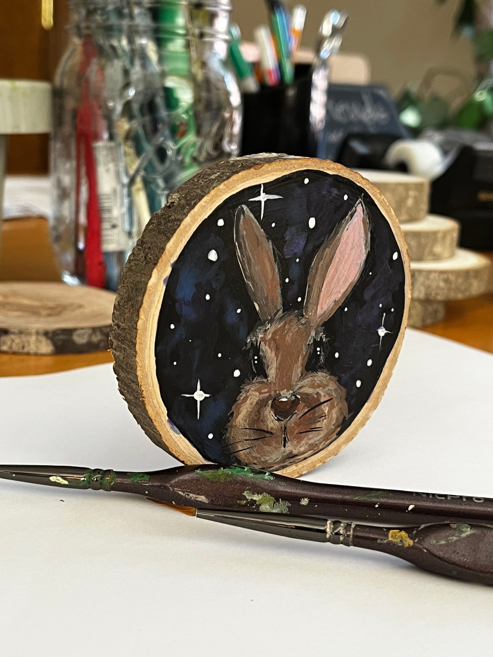 NIGHT HARE, Hand Painted Acrylic on Live Edge Wood Slice Ornament - Etsy