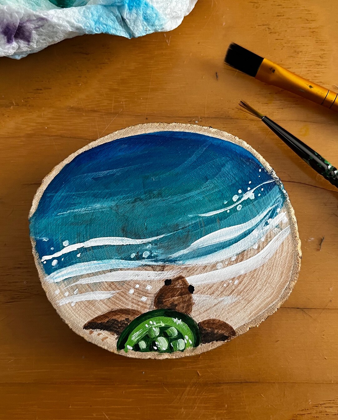 SEA TURTLE, Hand Painted Acrylic on Live Edge Wood Slice Ornament - Etsy