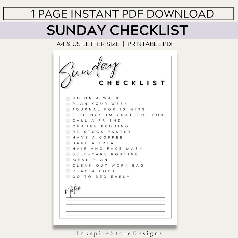 Printable to Do List - Sunday Checklist - Etsy