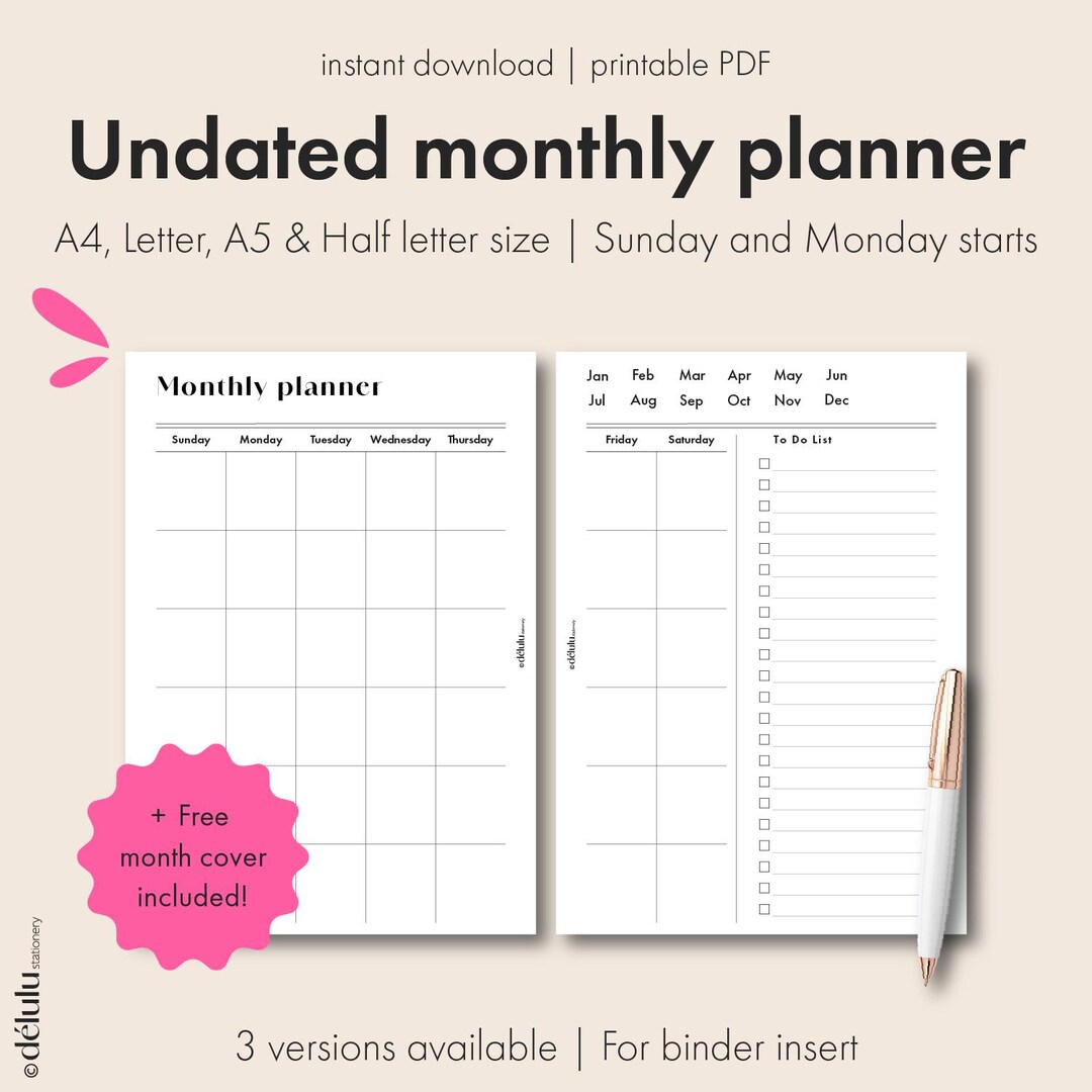 Undated Monthly Planner Insert Printable Binder Insert Digital Planner ...