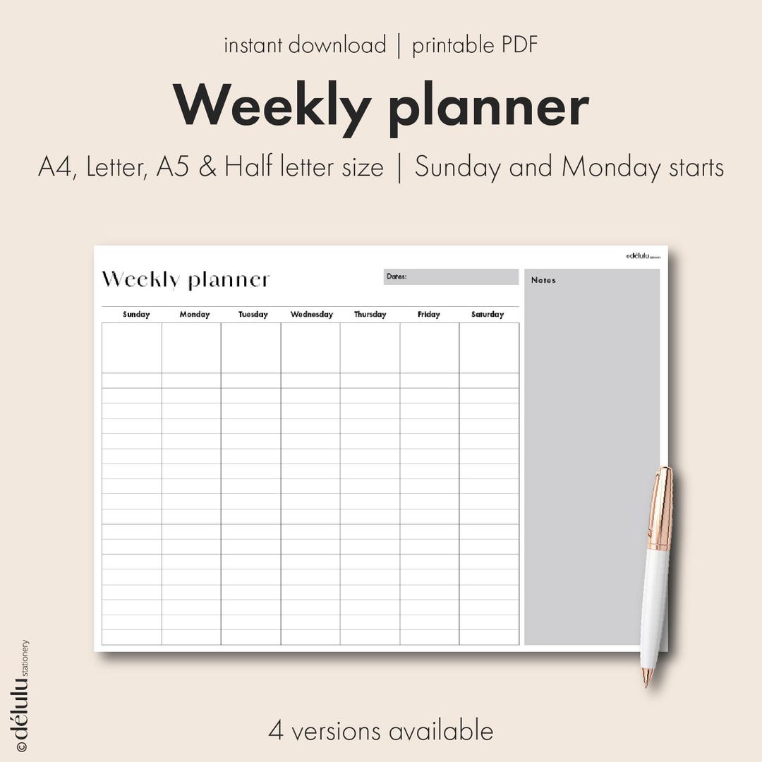 Undated Weekly Planner Printable Minimalist Digital Week at A Glance ...