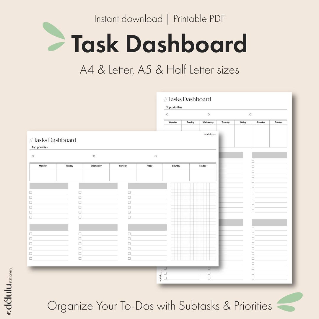 Tasks Dashboard Printable to Do List Binder Insert Instant Download ...