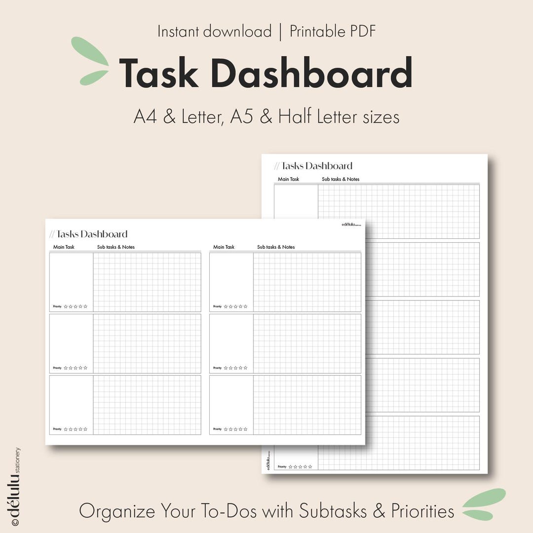 Tasks Dashboard Printable to Do List Binder Insert Instant Download ...