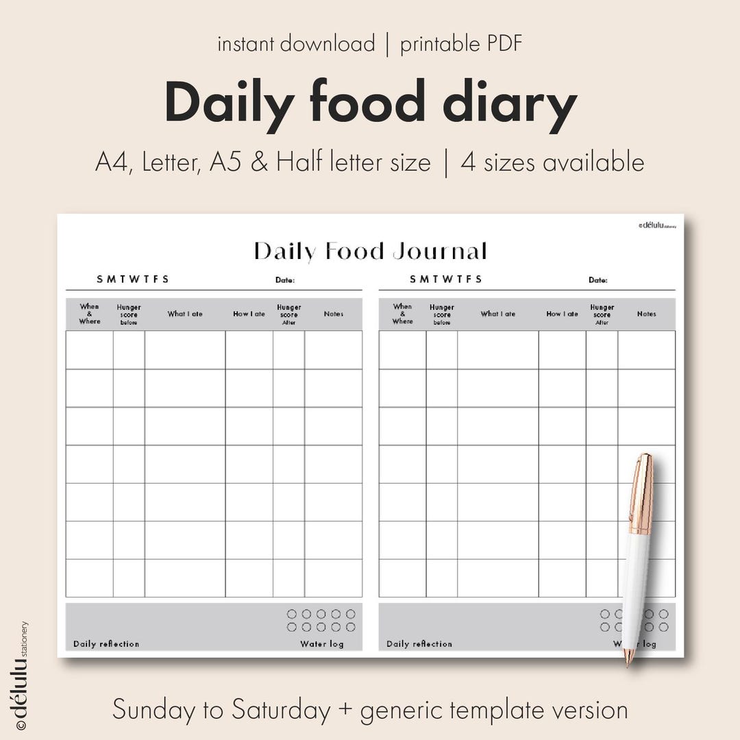 Printable Daily Food Diary Meal Tracker Eating Journal Minimalist ...
