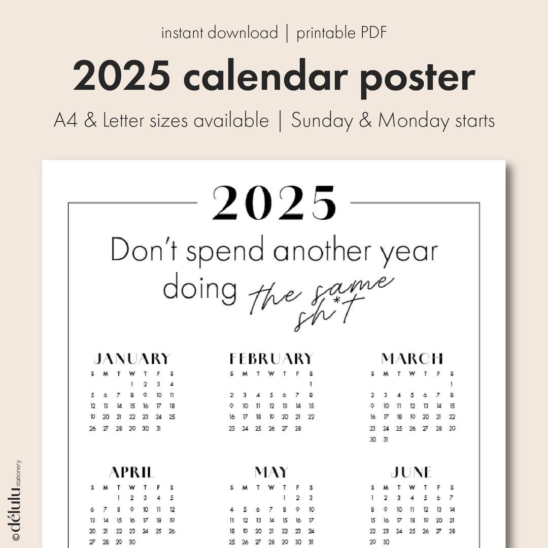 Printable 2025 Calendar Poster, Year at a Glance, Minimalist and ...