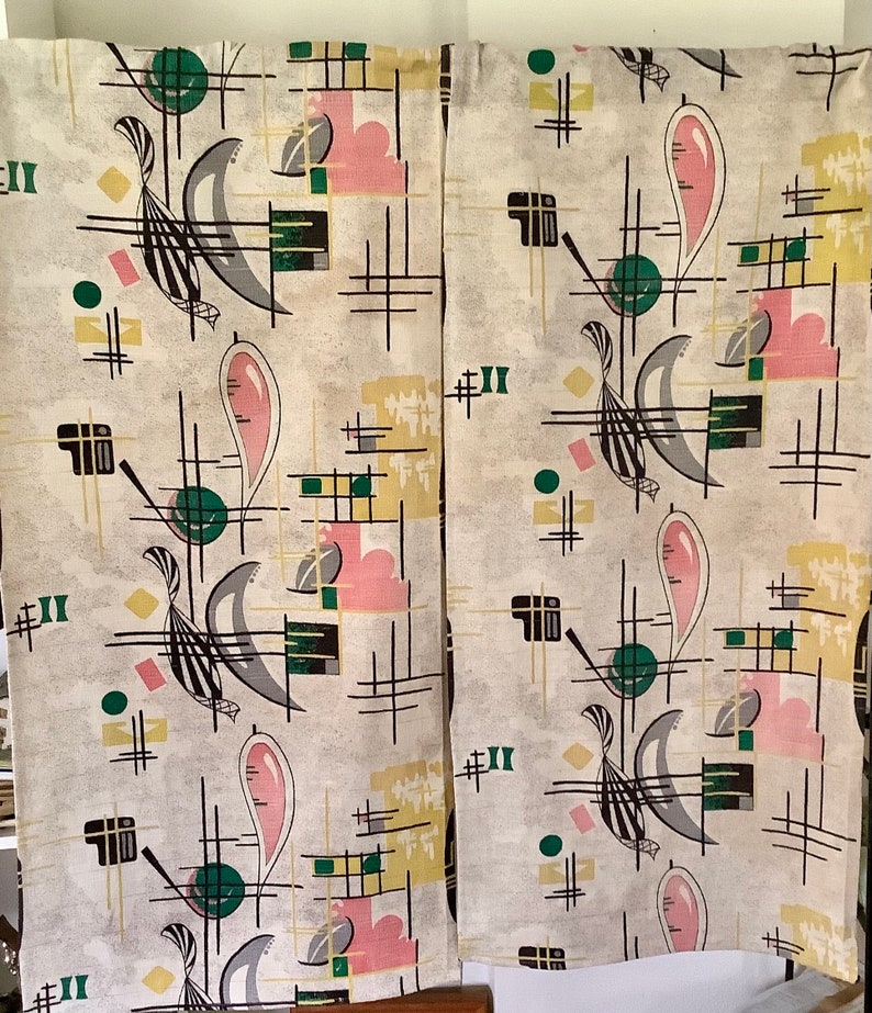 2 Vintage Mid Century Modern Atomic Barkcloth Fabric Curtains Drapery ...