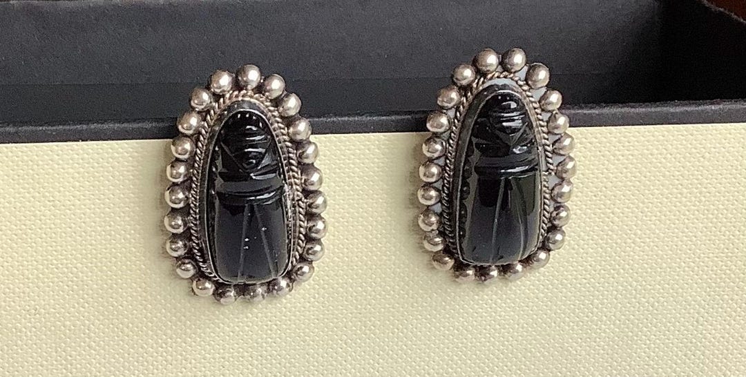 Vintage Fine Art Deco Sterling Silver Black Scarab Screw on Earrings - Etsy
