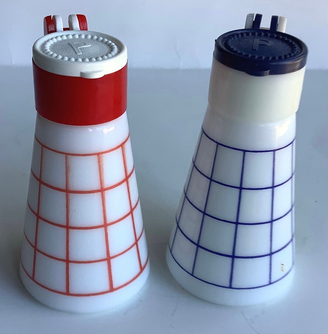 Vintage Mid Century Glass (pyrex?) Red White Blue Lighthouse Salt and ...