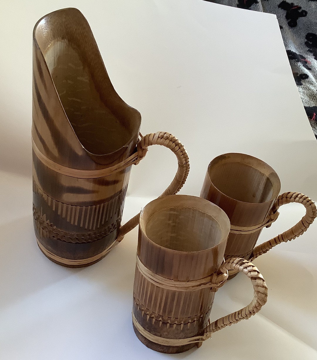 Vintage Mid Century Retro Tiki Bar Carved Bamboo Set Barware Pitcher ...