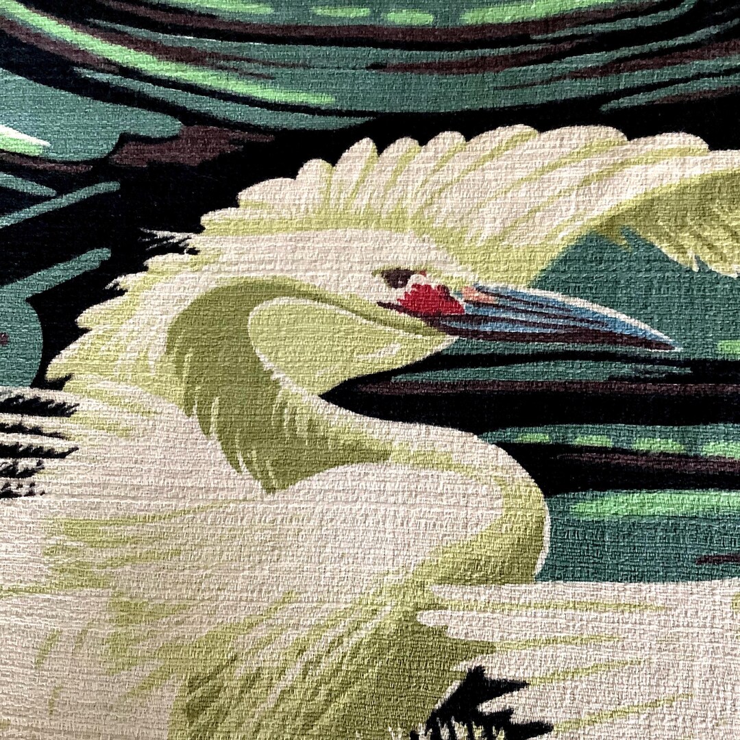 Vintage Stunning Barkcloth Cotton Mid Century Fabric Panel Scarce Heron ...