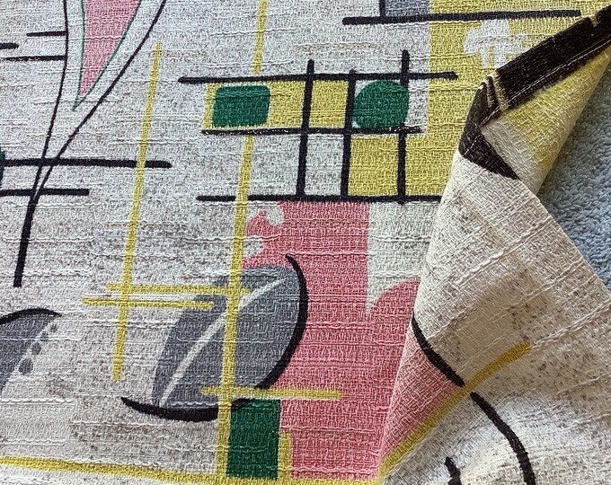 2 Vintage Mid Century Modern Atomic Barkcloth Fabric Curtains Drapery ...
