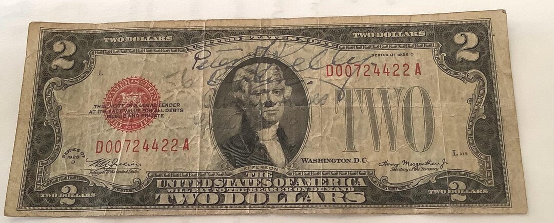 Vintage Paper Two Dollar Bill Thomas Jefferson Red Seal off Center 1928 ...