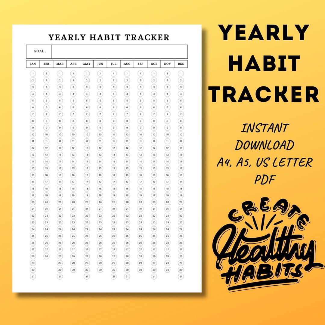 Yearly Habit Tracker Printable 12-month Goal Digital Journal Self Care ...