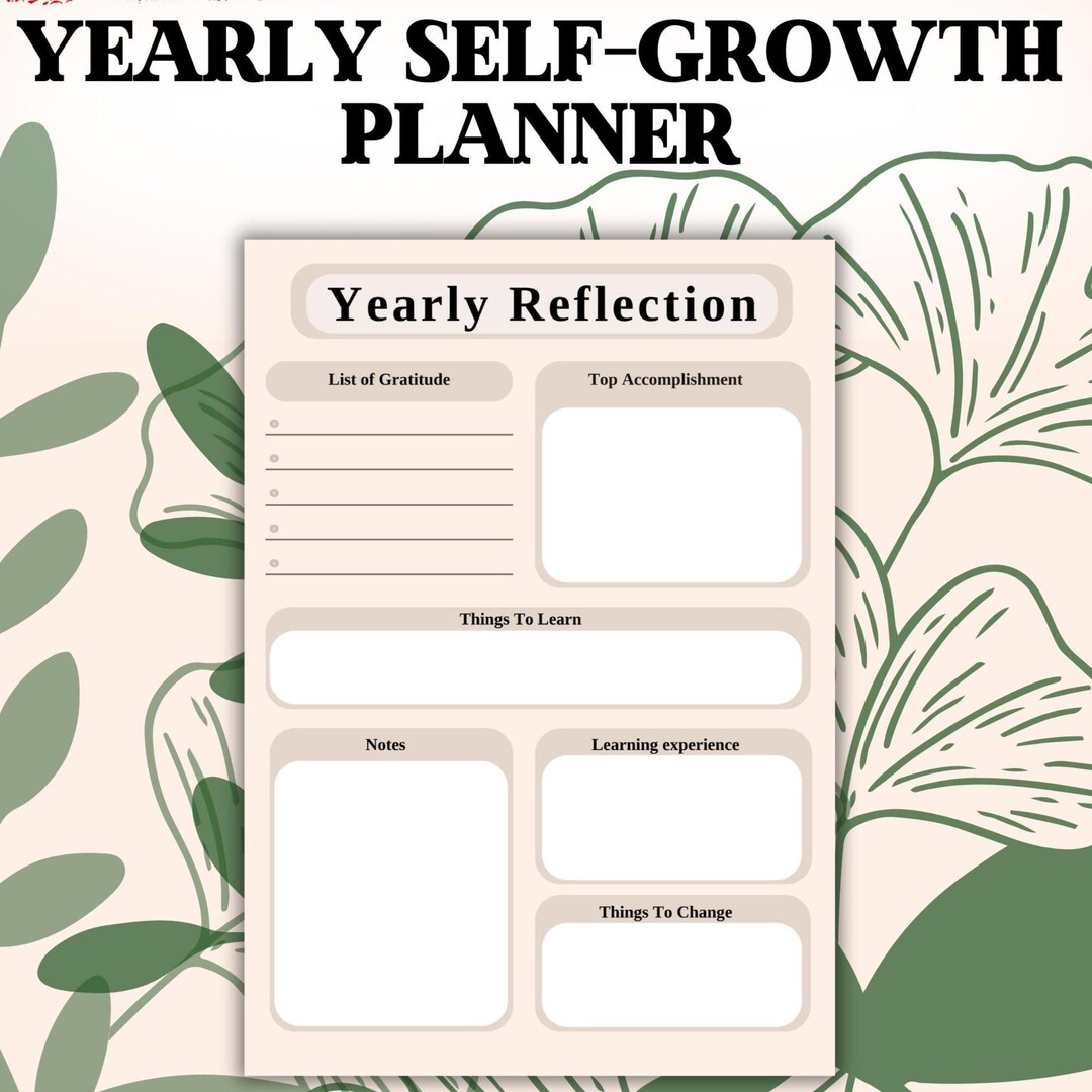 Yearly Reflection Gratitude Planner | Self Growth Guide Annual Review ...