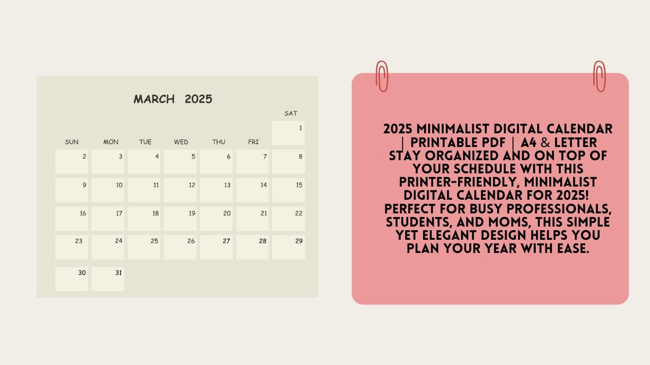 2025 Minimalist Calendar Template | INSTANT DOWNLOAD | Monthly ...