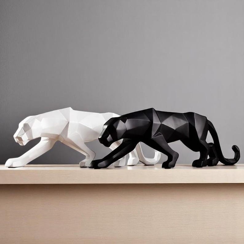 Panther Statue Animal Figurine, Abstract Geometric Resin Leopard ...