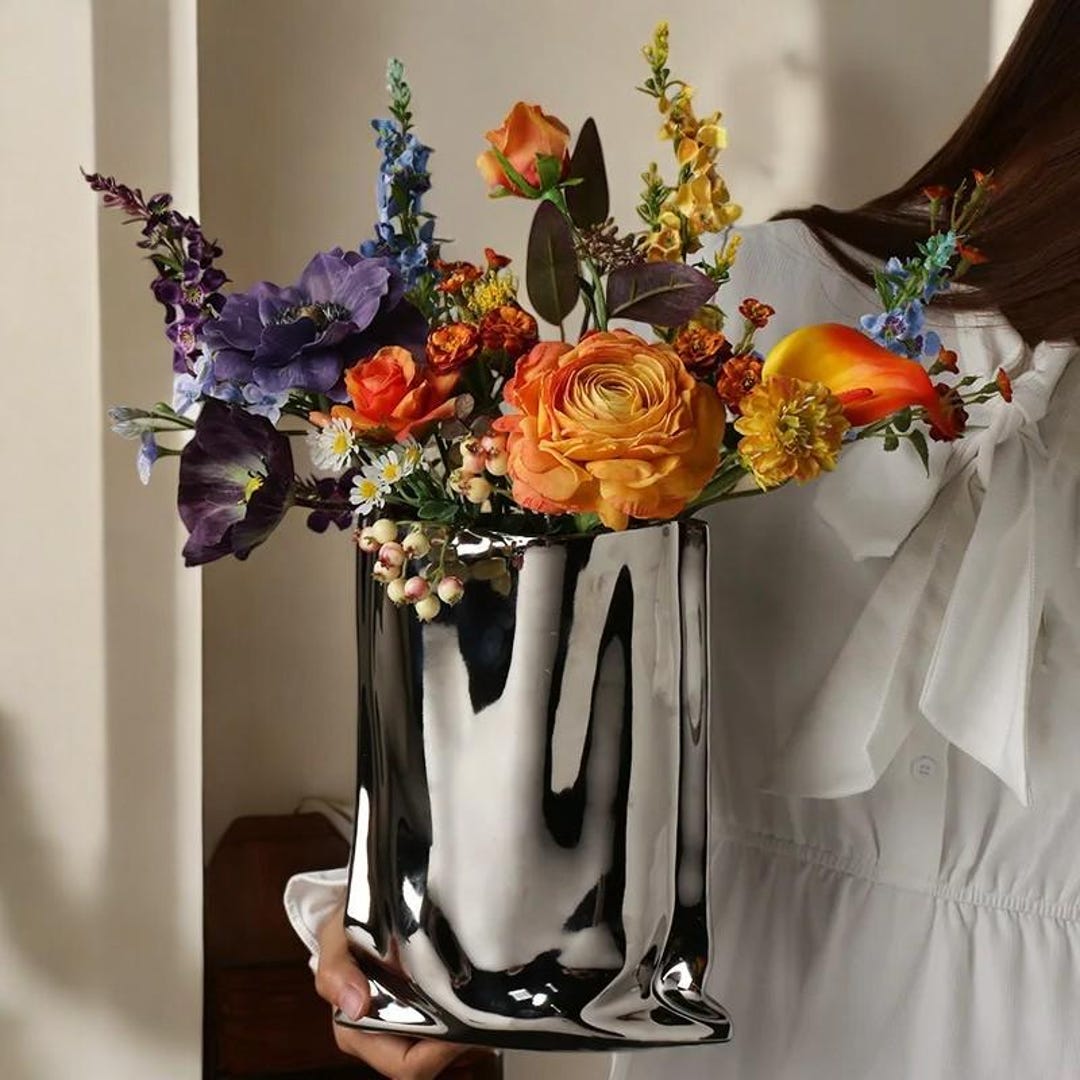 Modern Chrome Vase – Silver Mirror Vase, Metallic Flower Vase, Luxury ...
