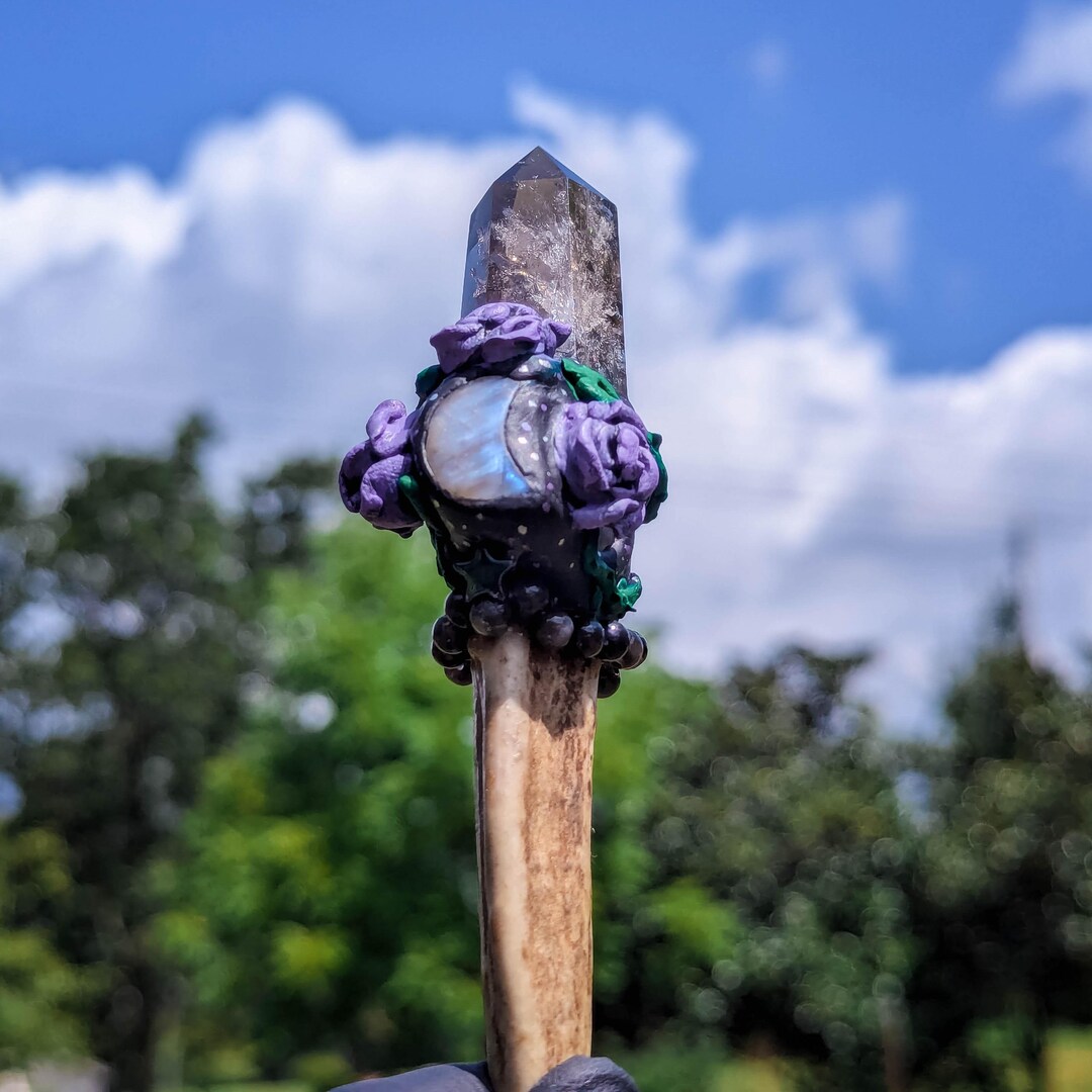 Crystal Deer Antler Wand: Smoky Quartz, Moonstone, Labradorite, Witchy ...