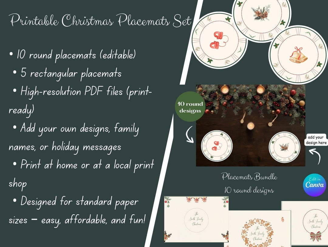 Printable Christmas Placemats Set – 10 Round + 5 Rectangular – Editable ...