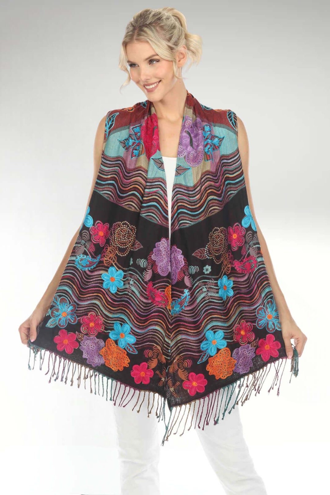 Handcrafted Kimono-inspired Floral Embroidered Vest – Women's Boho ...