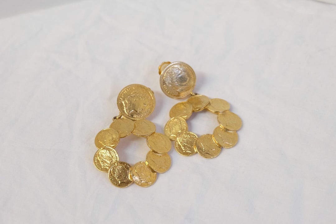 1970's Vintage Large Clip on Dangle Style Earrings Gold Coin Theme Clip ...