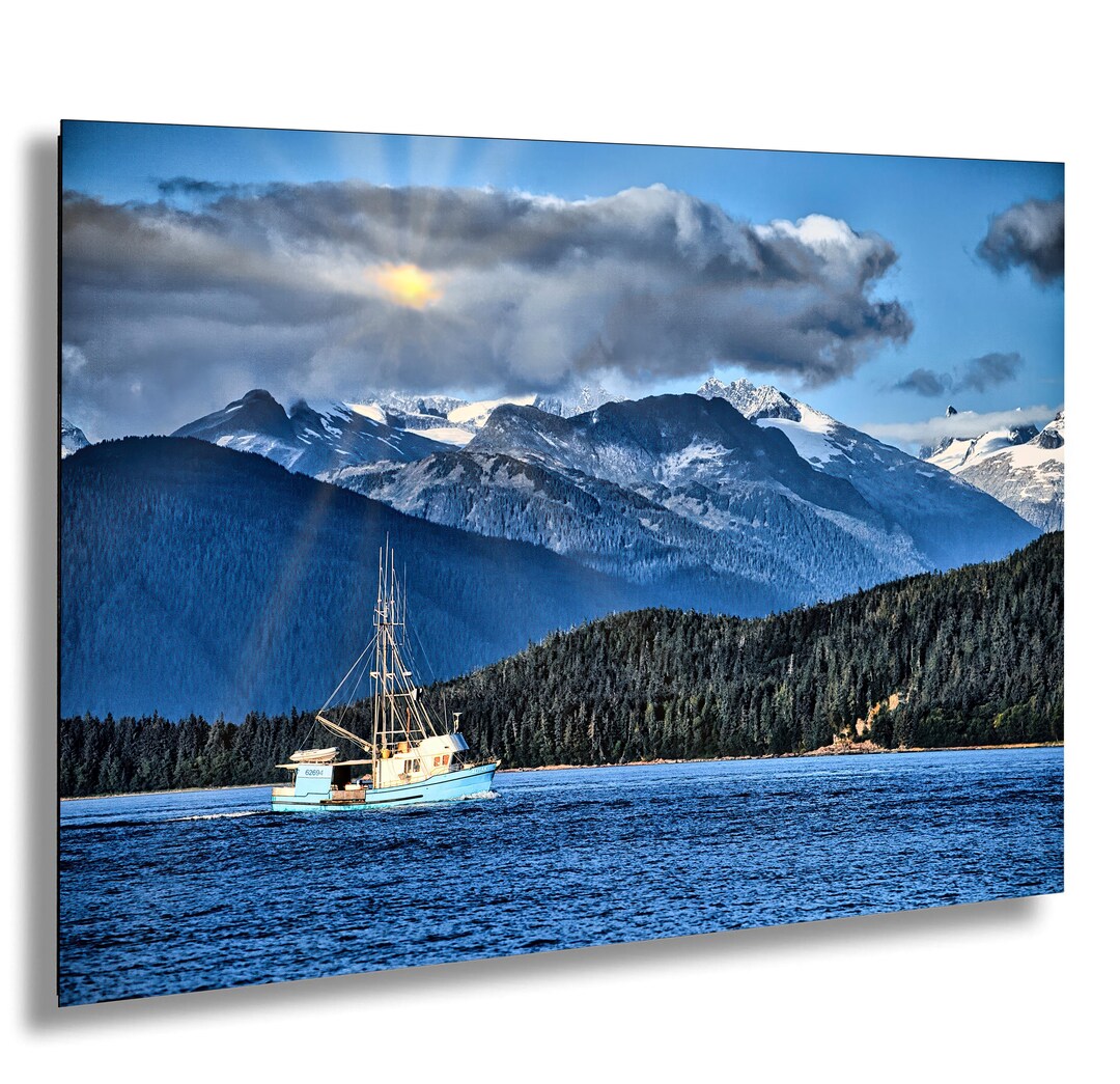 Alaska Fishing Trawler. A Lone Trawler Glides Past Glacier Capped Peaks ...