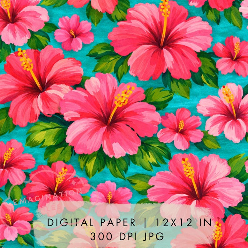 Hibiscus Digital Paper Tropical Floral Seamless Pattern Summer ...