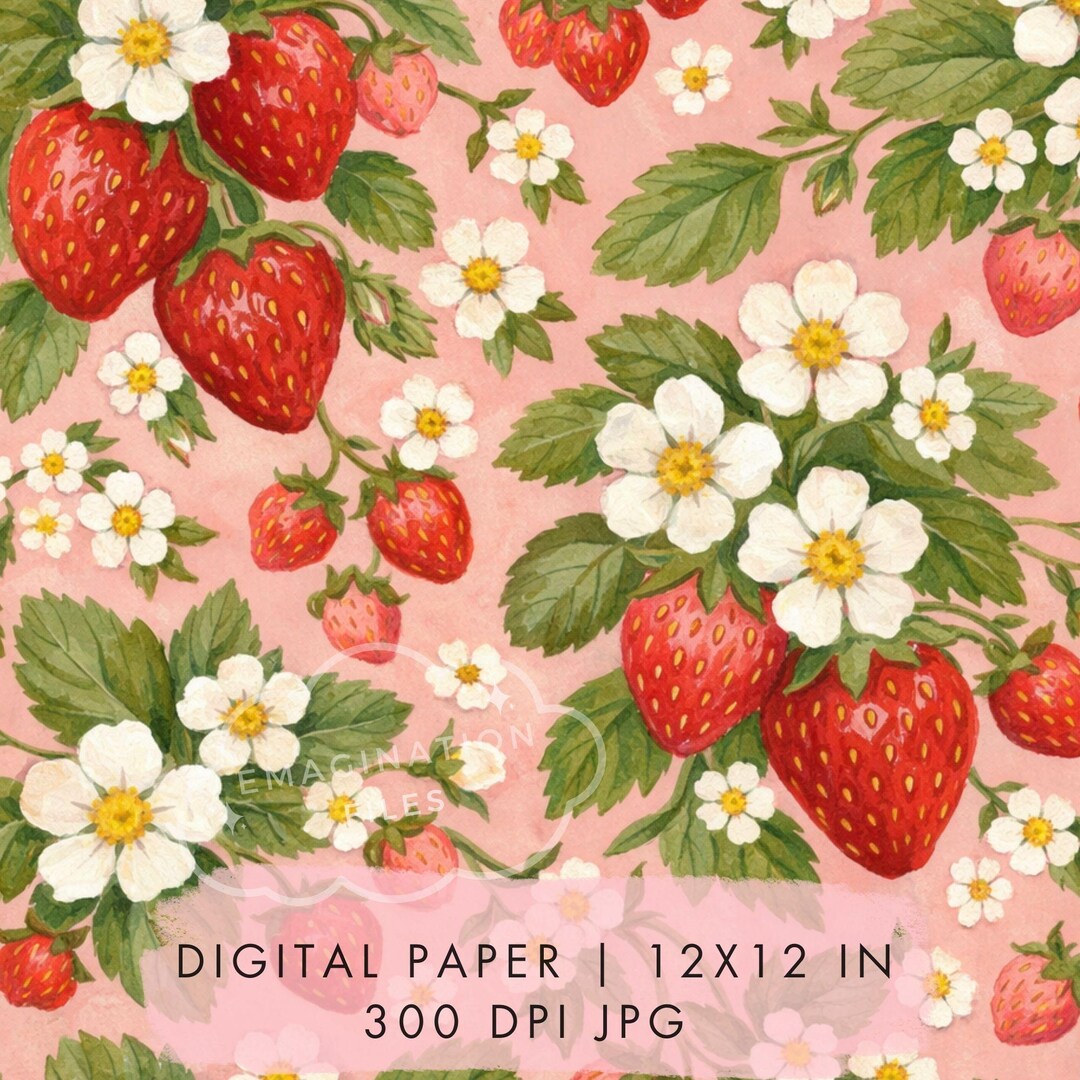 Strawberry Flowers Seamless Pattern Summer Fruit Digital Paper Digital ...