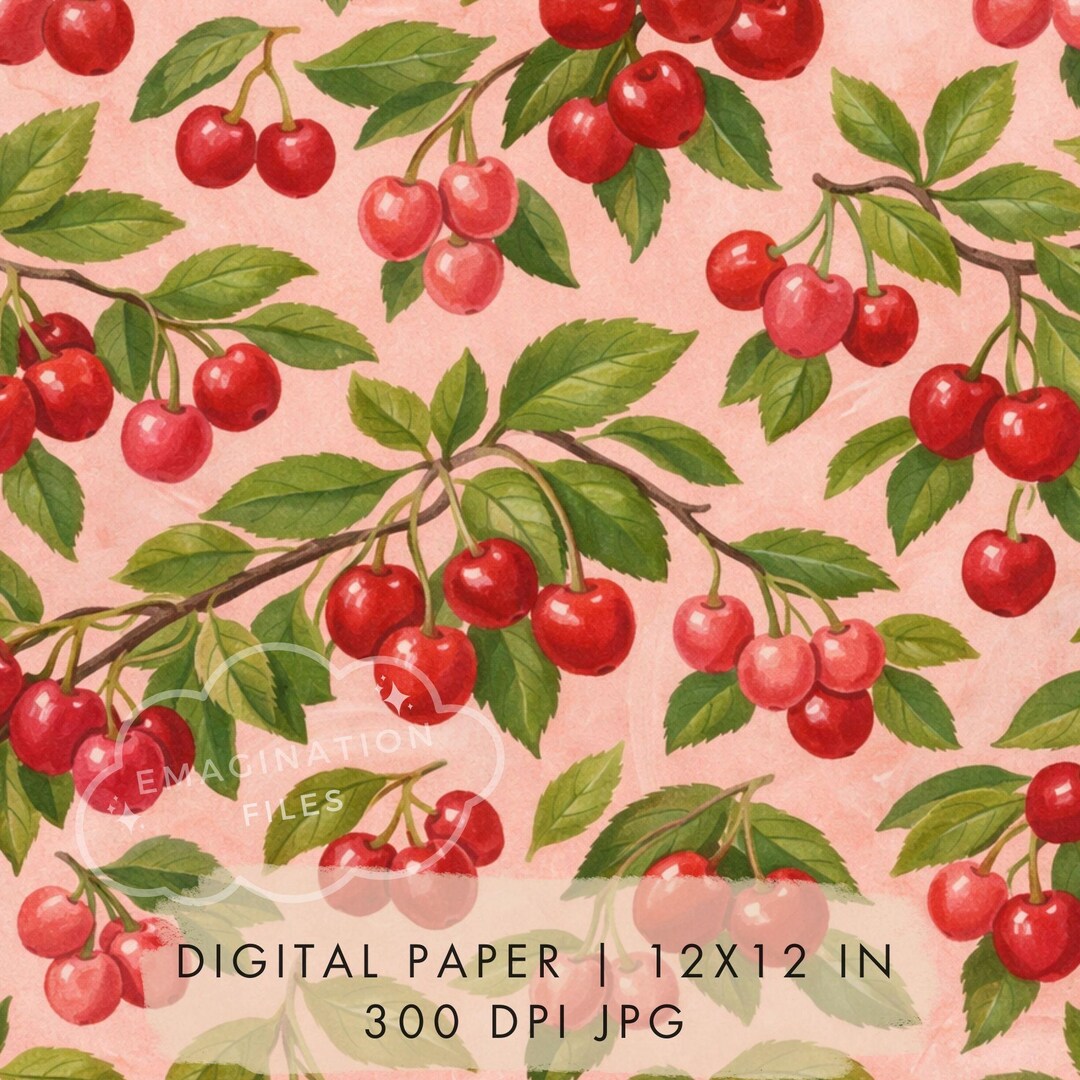 Cherries Digital Paper Summer Fruit Seamless Pattern Digital Download ...