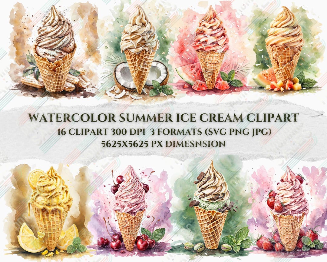 Ice Cream Clipart: Watercolor Summer Designs (PNG Digital Download) - Etsy