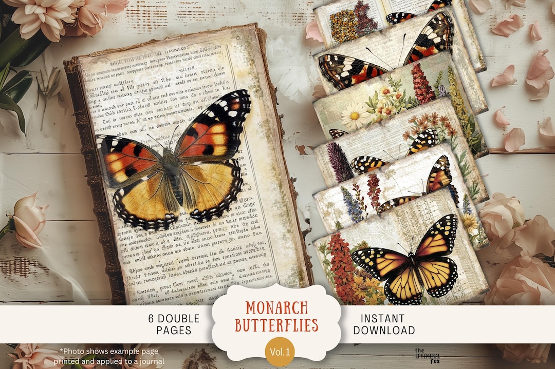Monarch Butterflies Junk Journal Pages 6 Digital Scrapbook Papers 11 X ...