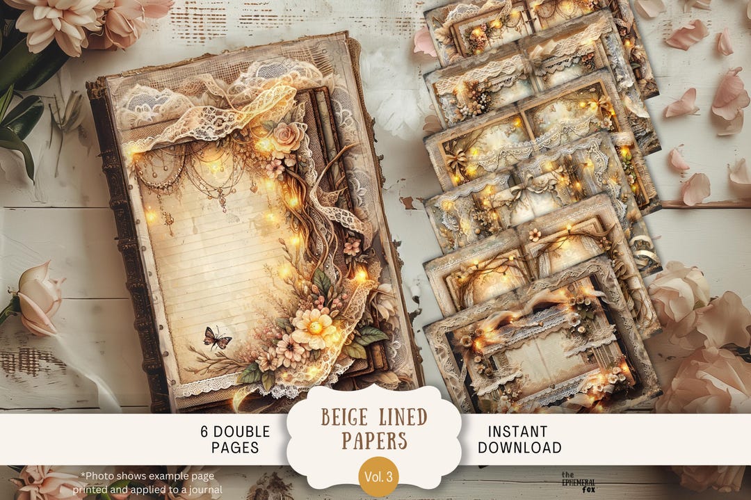 Beige Lined Junk Journal Pages 6 Digital Scrapbook Paper 11 X 8.5" Art ...