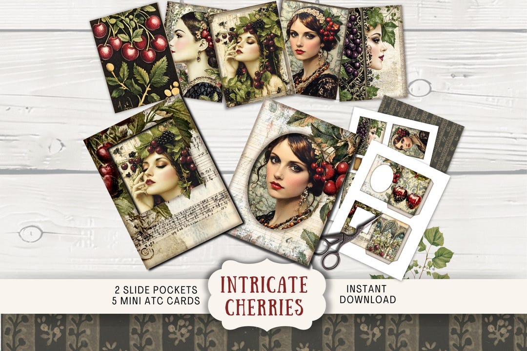 Vintage Cherries Slide Pockets Junk Journal Printable, Vintage Ephemera ...
