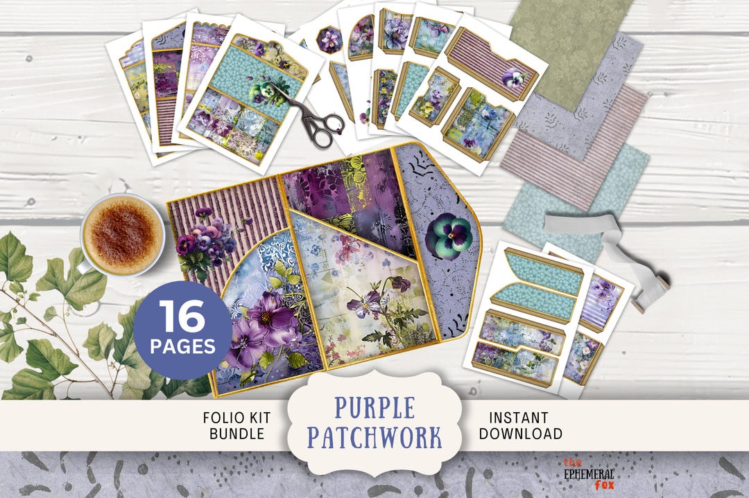 Purple Patchwork Junk Journal Folio 16 Digital Mix and Match Pages ...