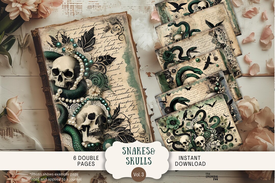 Halloween Snakes & Skulls Junk Journal Pages 6 Digital Scrapbook Papers ...