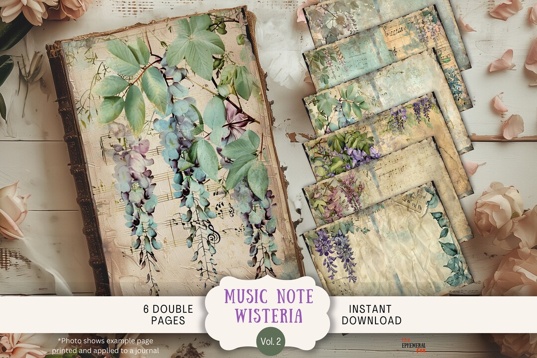 Musical Wisteria Junk Journal Pages, 6 Digital Scrapbook Pages, 11 X 8. ...