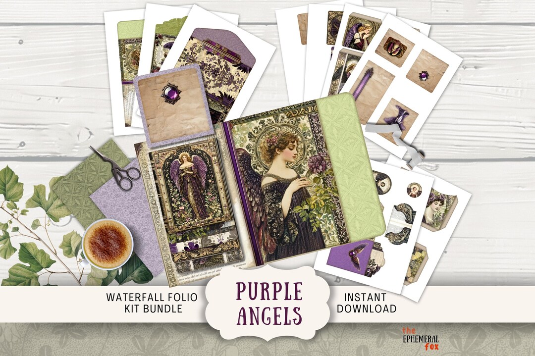 Purple Angel Waterfall Junk Journal Folio Kit Digital Mix & Match Bases ...