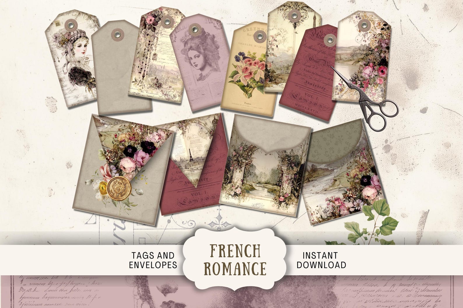 French Romance BUNDLE Junk Journal Kit Printable Papers Tags Tickets ...