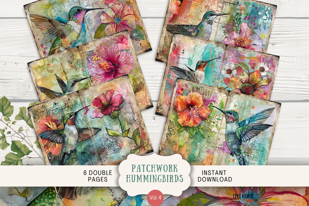 Patchwork Hummingbirds Junk Journal Pages, 6 Digital Scrapbook Pages ...