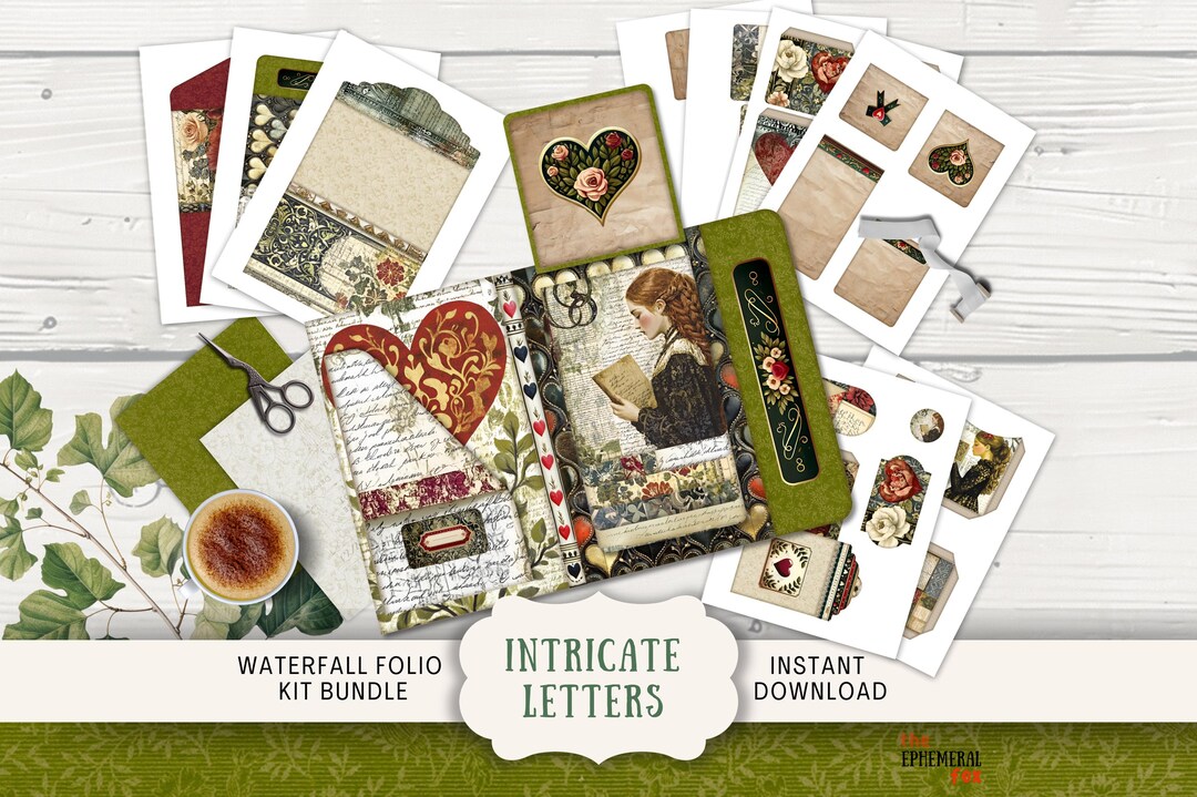 Love Letters Waterfall Junk Journal Folio Kit, Digital Mix & Match Bases, Loaded Pocket 11 X 8.5 ...