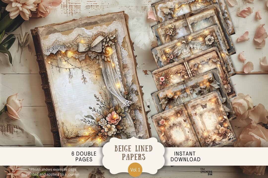 Beige Lined Junk Journal Pages 6 Digital Scrapbook Paper 11 X 8.5" Art ...