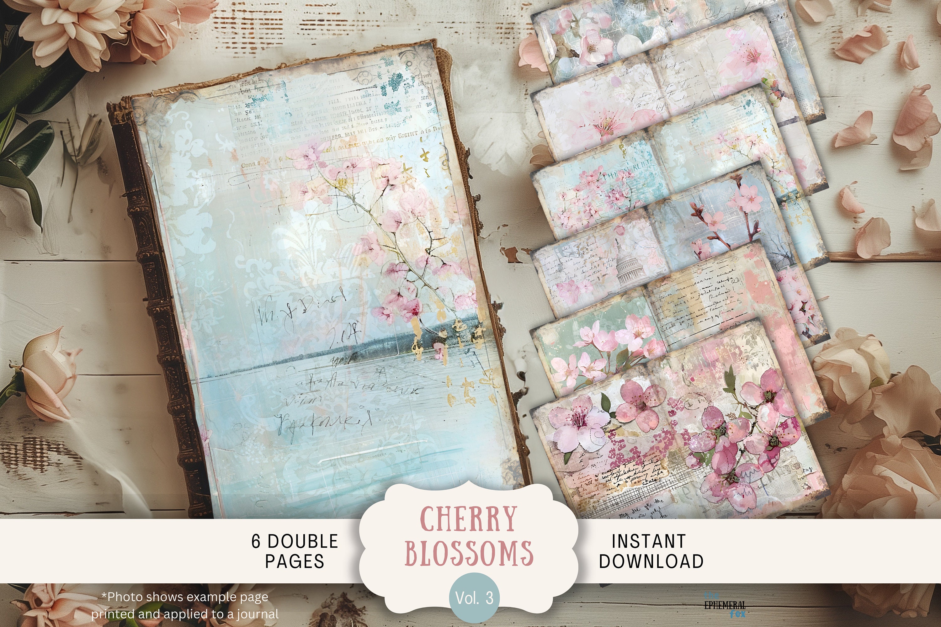 Cherry Blossom Junk Journal Pages, 6 Digital Scrapbook Pages, 11 X 8.5 ...