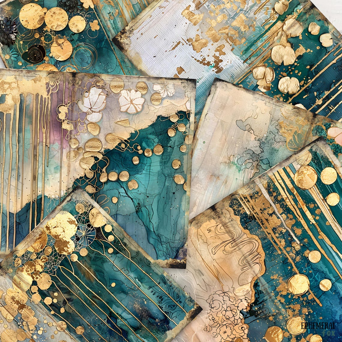 Abstract Gold Fern Junk Journal Pages, 6 Digital Scrapbook Pages, 11 X ...