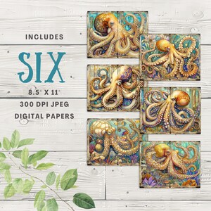 Octopus Junk Journal Pages 6 Digital Scrapbook Paper 11 X 8.5" Art ...