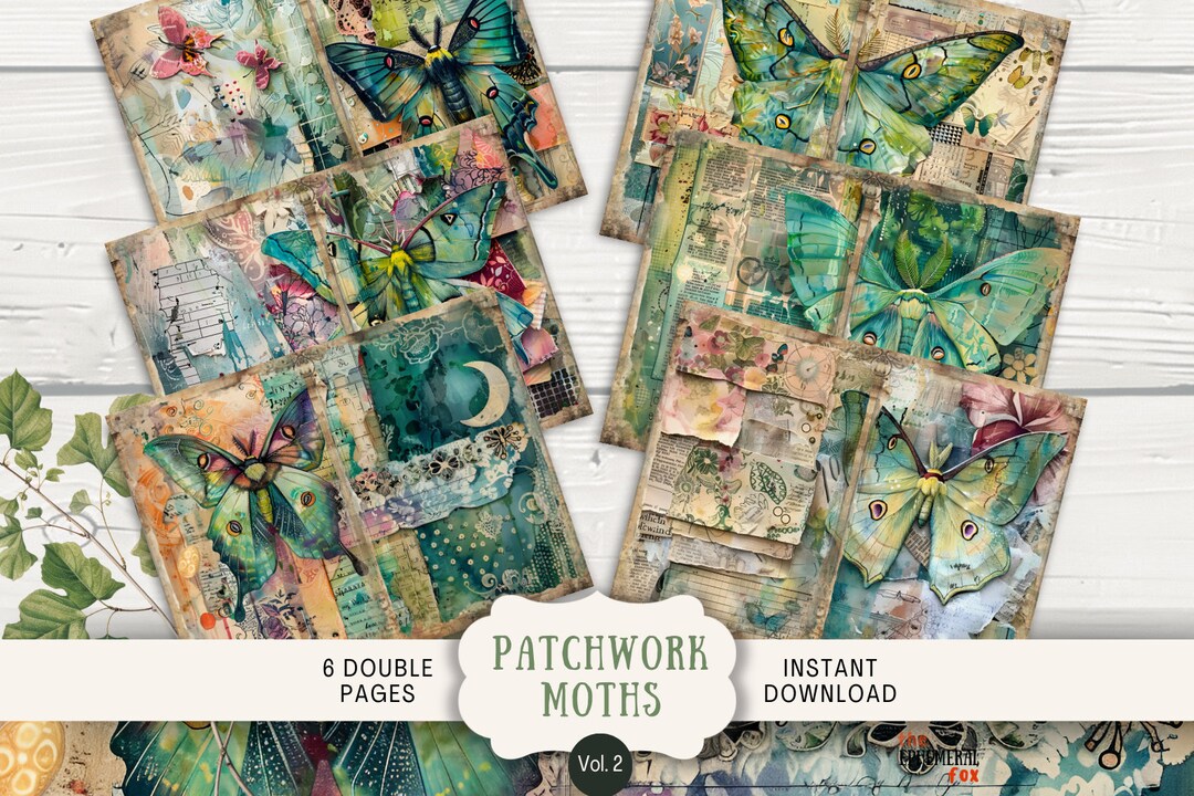 Patchwork Moth Junk Journal Pages, 6 Digital Scrapbook Pages, 11 X 8.5 ...