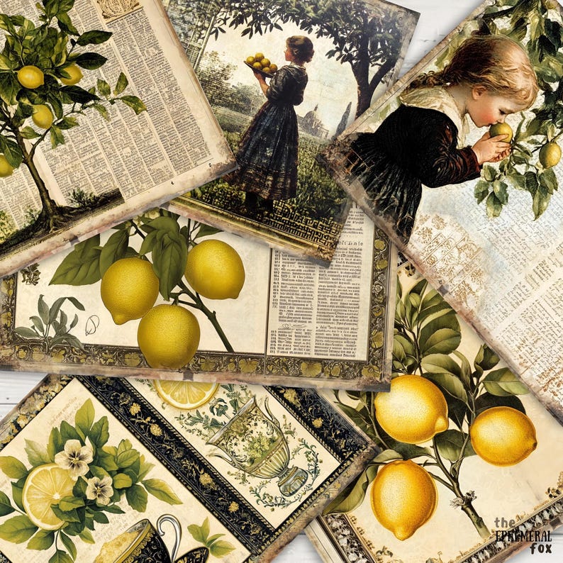 Vintage Lemons Junk Journal Pages 6 Digital Scrapbook Papers Printable ...