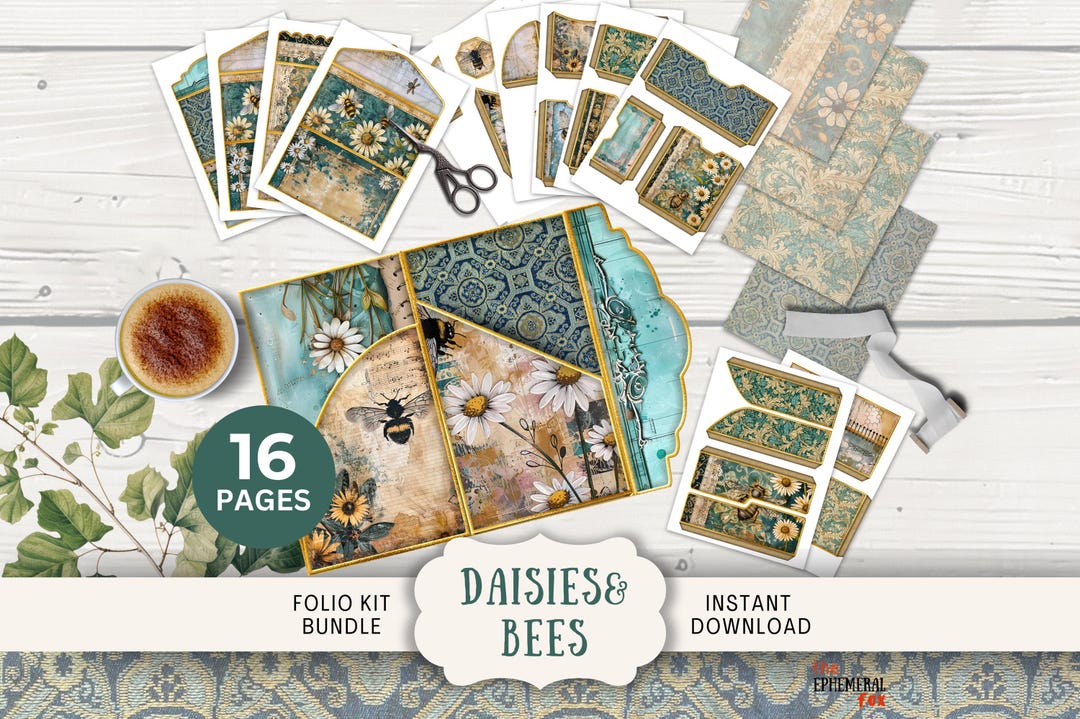 Daisies and Bees Junk Journal Folio, 16 Digital Mix and Match Pages and ...