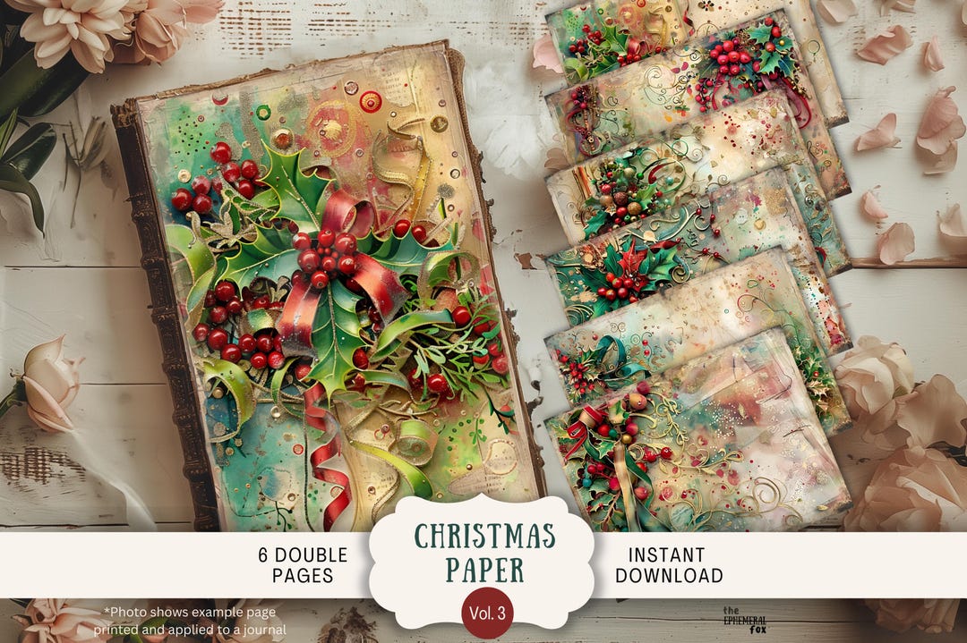 Festive Christmas Junk Journal Pages 6 Digital Scrapbook Papers 11 X 8. ...
