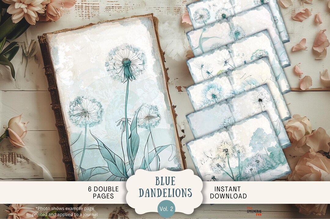 Blue Dandelions Junk Journal Pages, 6 Digital Scrapbook Pages, 11 X 8.5 ...
